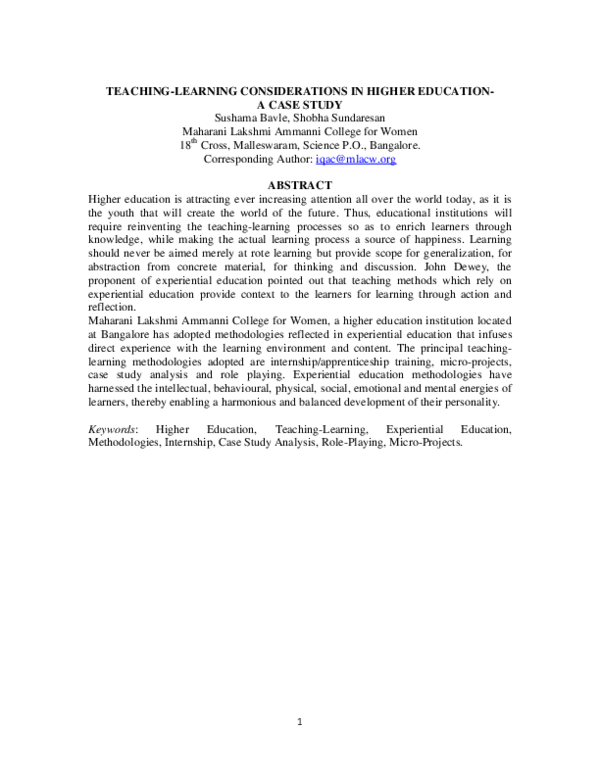 (PDF) Teaching - Learning considerations in Higher education - A Case study