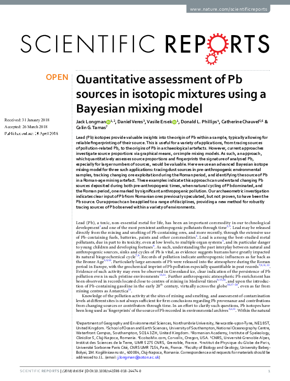 (PDF) Quantitative assessment of Pb sources in isotopic mixtures using a Bayesian mixing model