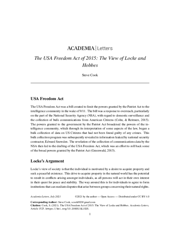 (PDF) The USA Freedom Act of 2015: The View of Locke and Hobbes