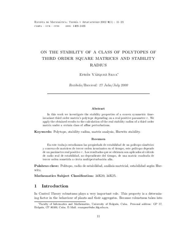 (PDF) On the Stability of a class of Polytopes of third order square ...
