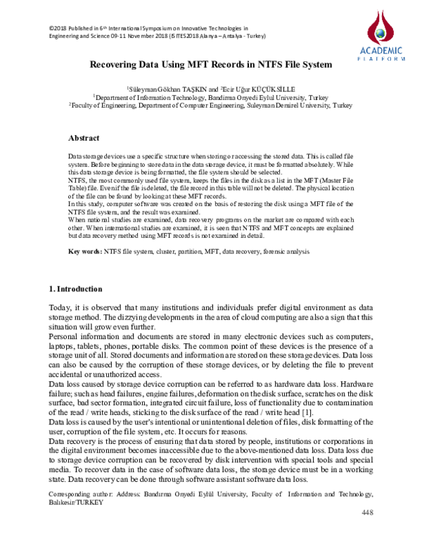 (PDF) Recovering Data Using MFT Records in NTFS File System