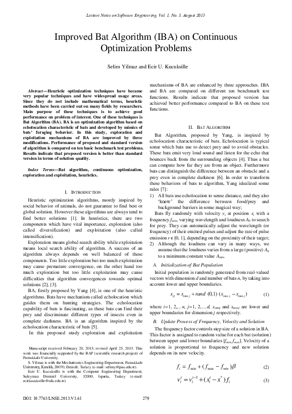 (PDF) Improved Bat Algorithm (IBA) on Continuous Optimization Problems