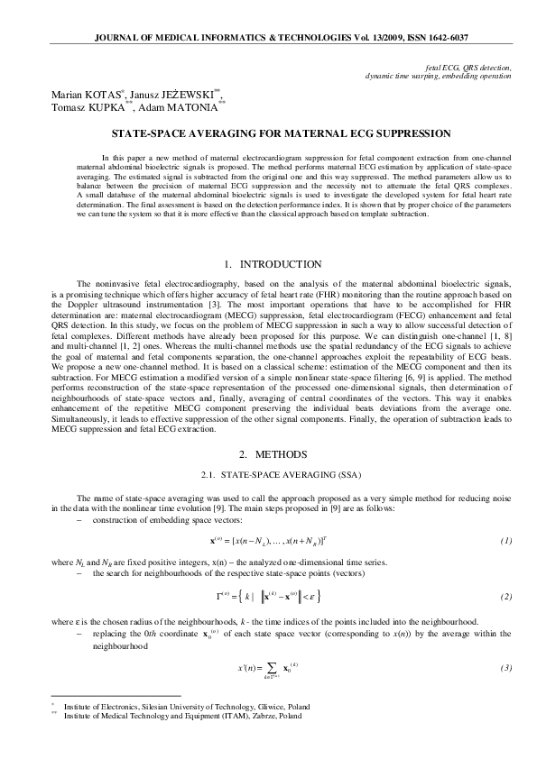 (PDF) State-Space Averaging for Maternal Ecg Suppression | Marian Kotas ...