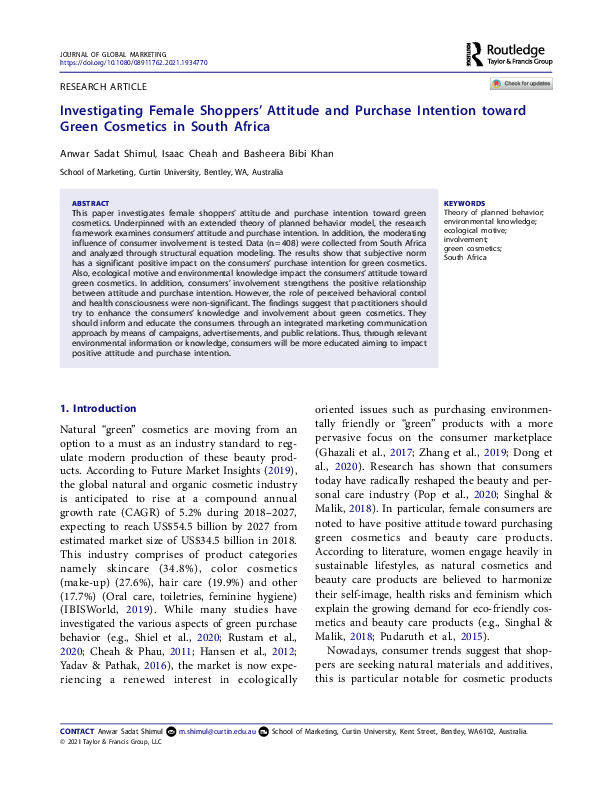 (PDF) Investigating Female Shoppers' Attitude and Purchase Intention toward Green Cosmetics in ...