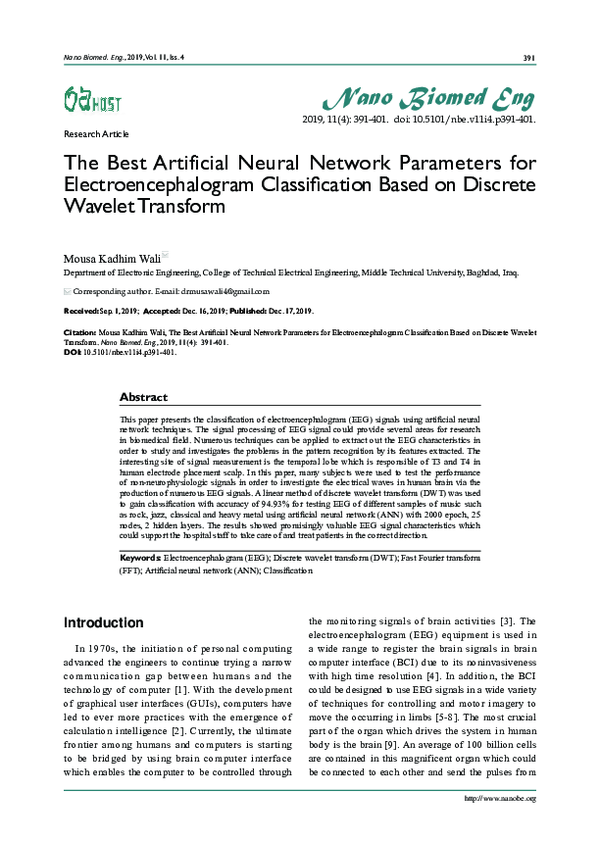 (PDF) The Best Artificial Neural Network Parameters for Electroencephalogram Classification ...