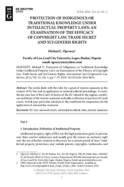 (PDF) Protection of Indigenous or Traditional Knowledge Under ...