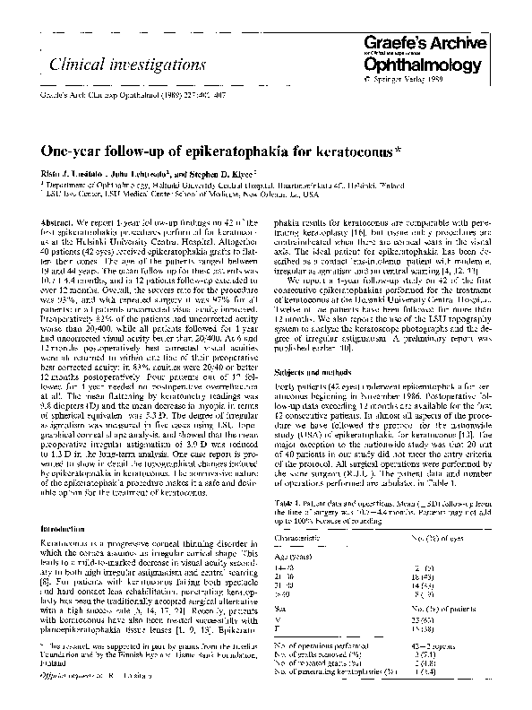 (PDF) One-year follow-up of epikeratophakia for keratoconus