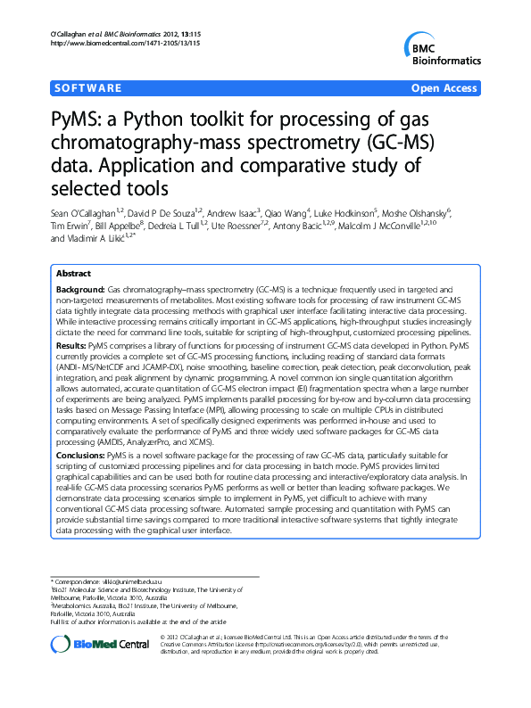 (PDF) PyMS: a Python toolkit for processing of gas chromatography-mass spectrometry (GC-MS) data ...