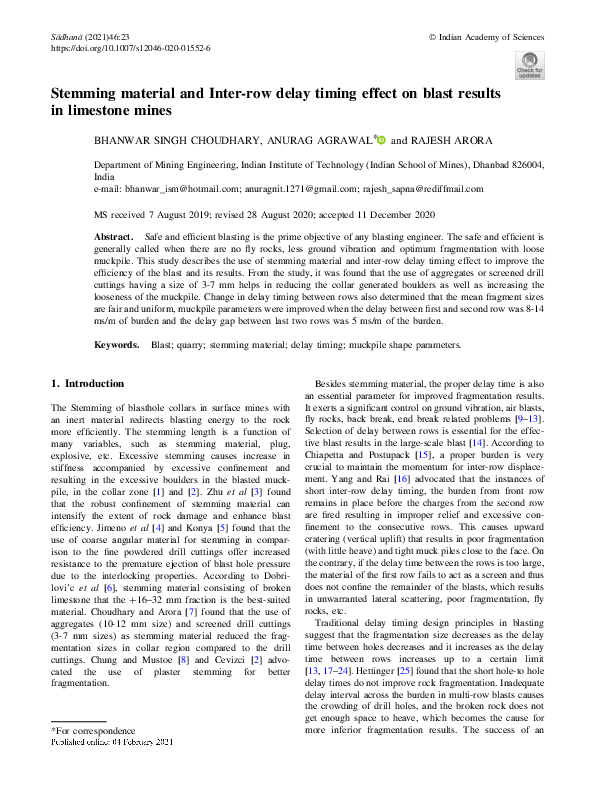 (PDF) Stemming material and Inter-row delay timing effect on blast ...