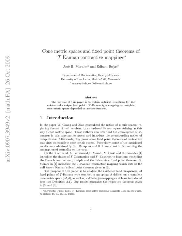(PDF) Cone metric spaces and fixed point theorems of T-Kannan contractive mappings