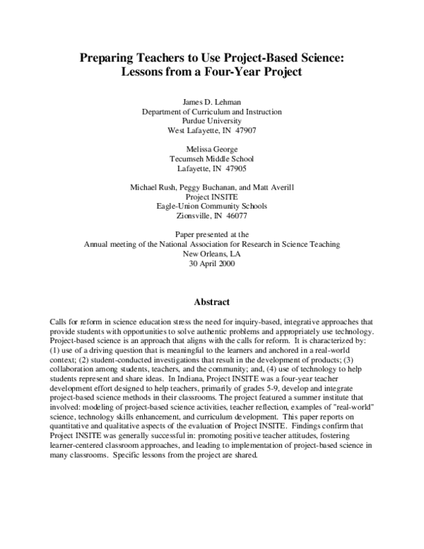 (PDF) Preparing Teachers to Use Project-Based Science: Lessons from a ...