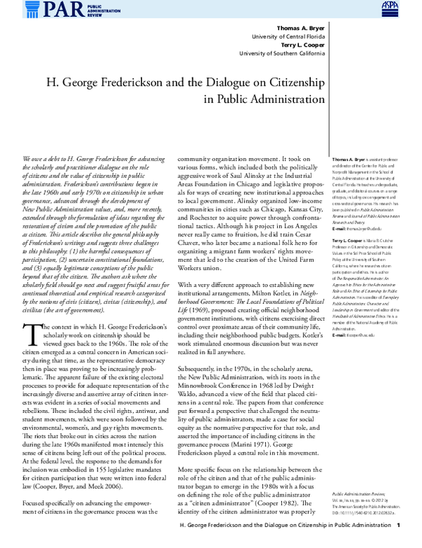 (PDF) H. George Frederickson and the Dialogue on Citizenship in Public ...