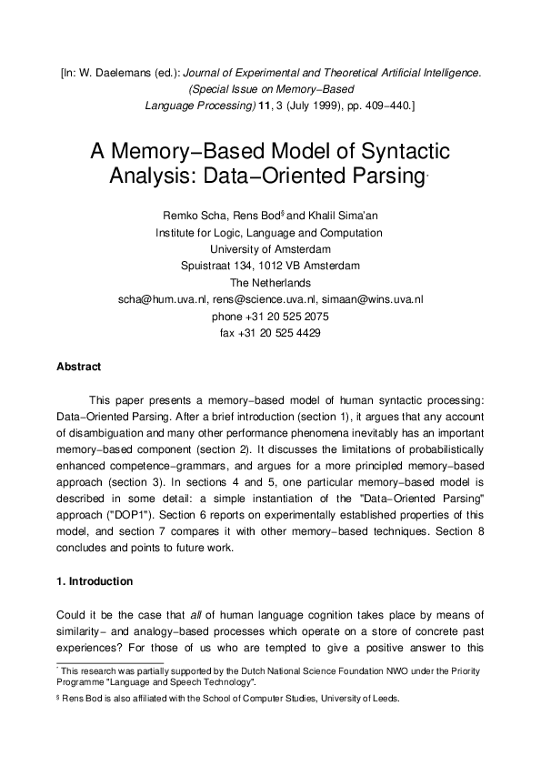Pdf A Memory Based Model Of Syntactic Analysis Data Oriented Parsing