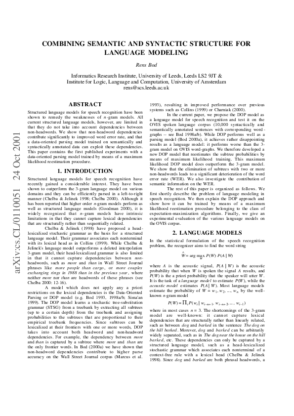 Pdf Combining Semantic And Syntactic Structure For Language Modeling