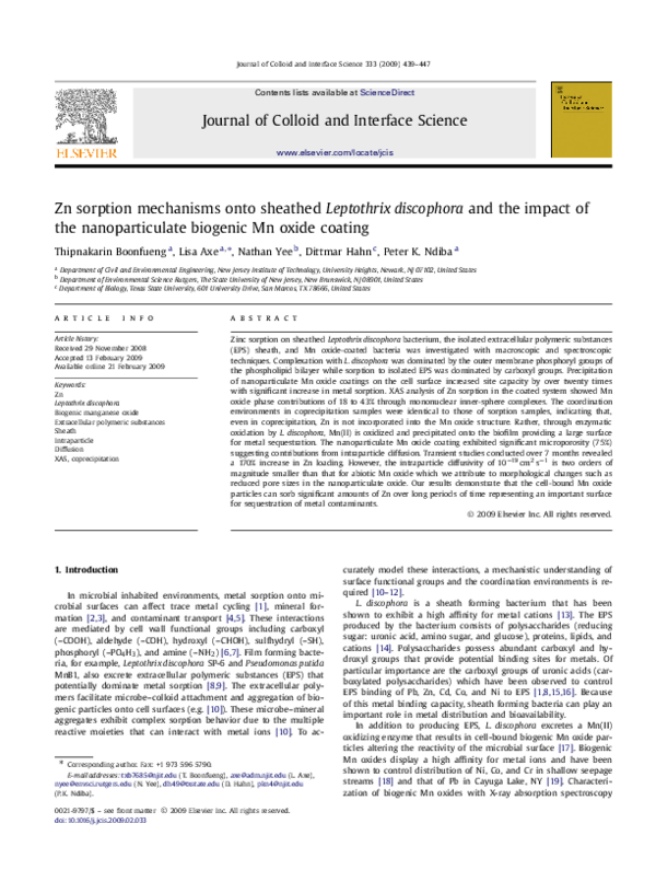 (PDF) Zn sorption mechanisms onto sheathed Leptothrix discophora and ...