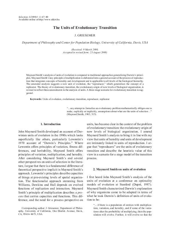 (PDF) The Units of Evolutionary Transition