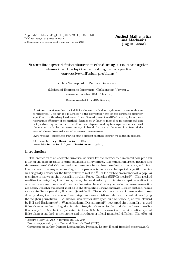 (PDF) Streamline upwind finite element method using 6-node triangular element with adaptive ...