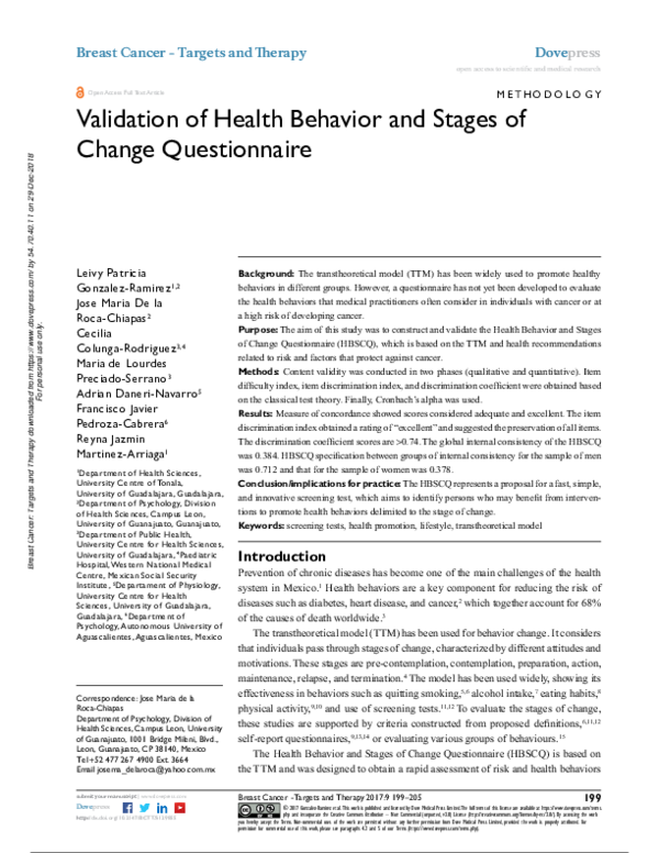 (PDF) Validation of Health Behavior and Stages of Change Questionnaire