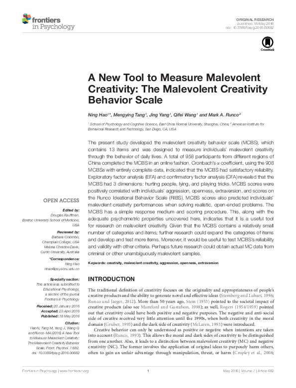 (PDF) A New Tool to Measure Malevolent Creativity: The Malevolent ...