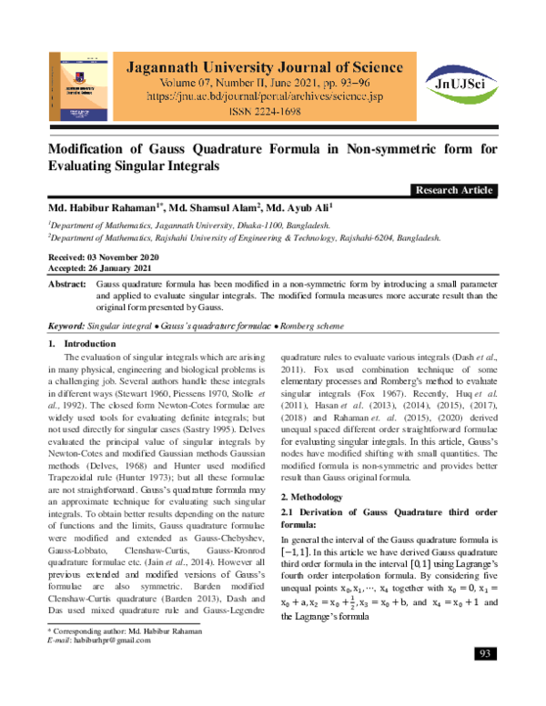 (PDF) Modification of Gauss Quadrature Formula in Non-symmetric form for Evaluating Singular ...