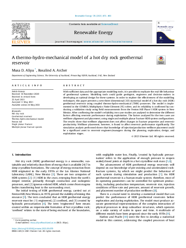 (PDF) A thermo-hydro-mechanical model of a hot dry rock geothermal reservoir