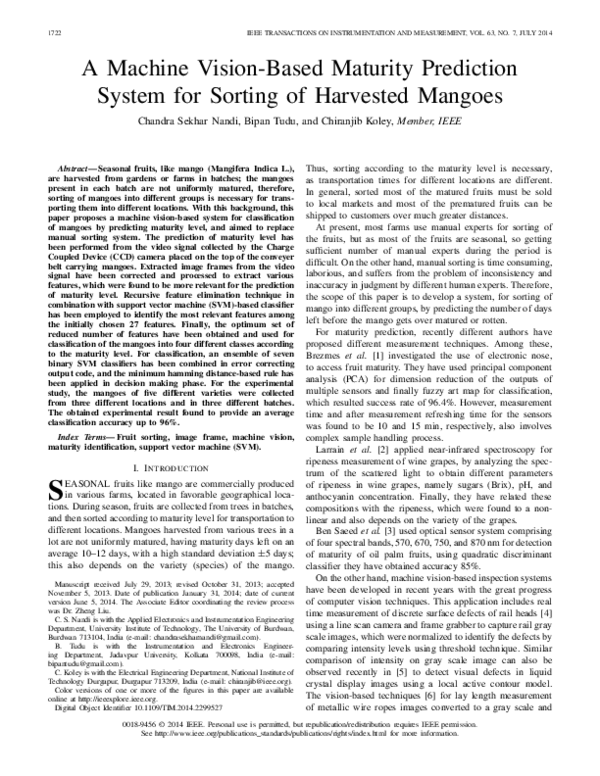 Pdf A Machine Vision Based Maturity Prediction System For Sorting Of