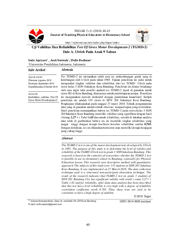 (PDF) Uji Validitas Dan Reliabilitas Test Of Gross Motor Development-2 ...