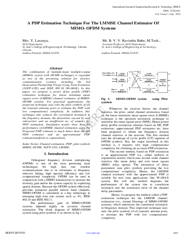 (PDF) IJERT-A PDP Estimation Technique for The LMMSE Channel Estimator of MIMO- OFDM Systems