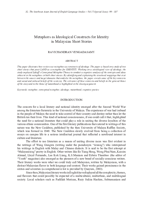 (PDF) Metaphors as ideological constructs for identity in Malaysian ...