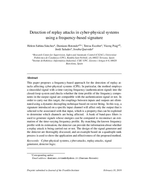 Pdf Detection Of Replay Attacks In Cyber Physical Systems Using A Frequency Based Signature