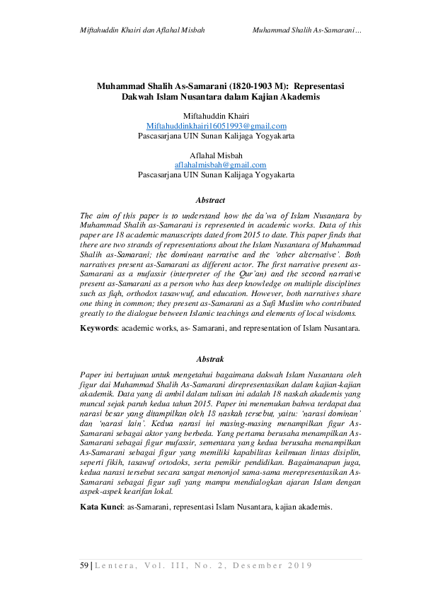 (PDF) Muhammad Shalih As-Samarani (1820-1903 M): Representasi Dakwah ...