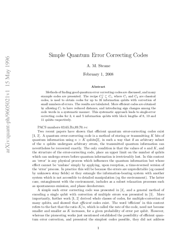 Pdf Simple Quantum Error Correcting Codes
