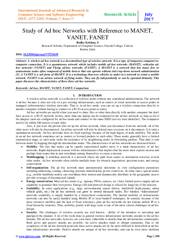(PDF) Study of Ad hoc Networks with Reference to MANET, VANET, FANET