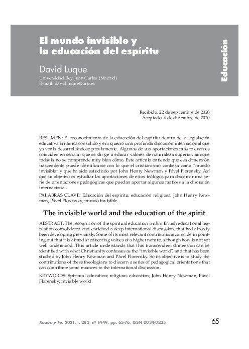 (PDF) El mundo invisible y la educación del espíritu