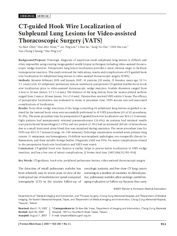 (PDF) CT-guided Hook Wire Localization of Subpleural Lung Lesions for ...