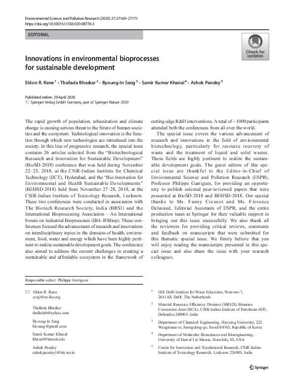 (PDF) Innovations in environmental bioprocesses for sustainable development