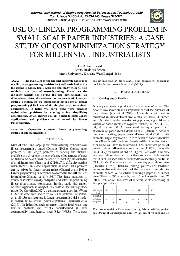 (PDF) Use of Linear Programming Problem in Small Scale Paper Industries ...