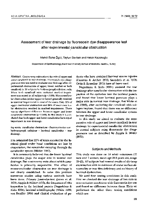 (PDF) Assessment of tear drainage by fluorescein dye disappearance test ...