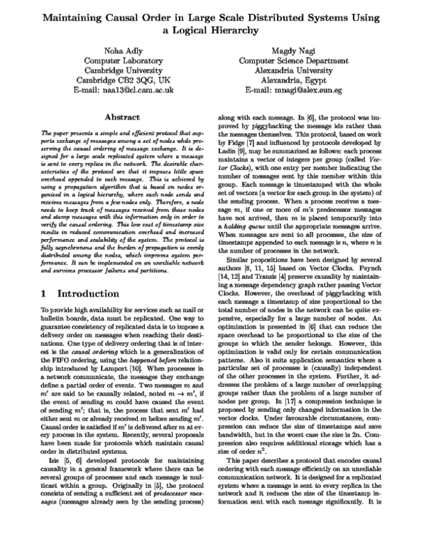 (PDF) Maintaining Causal Order in Large Scale Distributed Systems Using a Logical Hierarchy