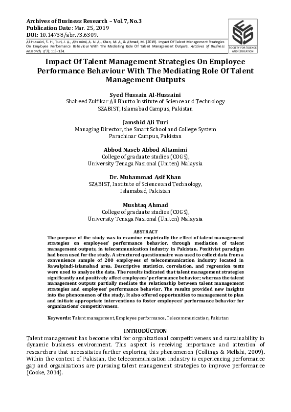 (PDF) Impact of Talent Management Strategies on Employee Performance Behaviour with the ...