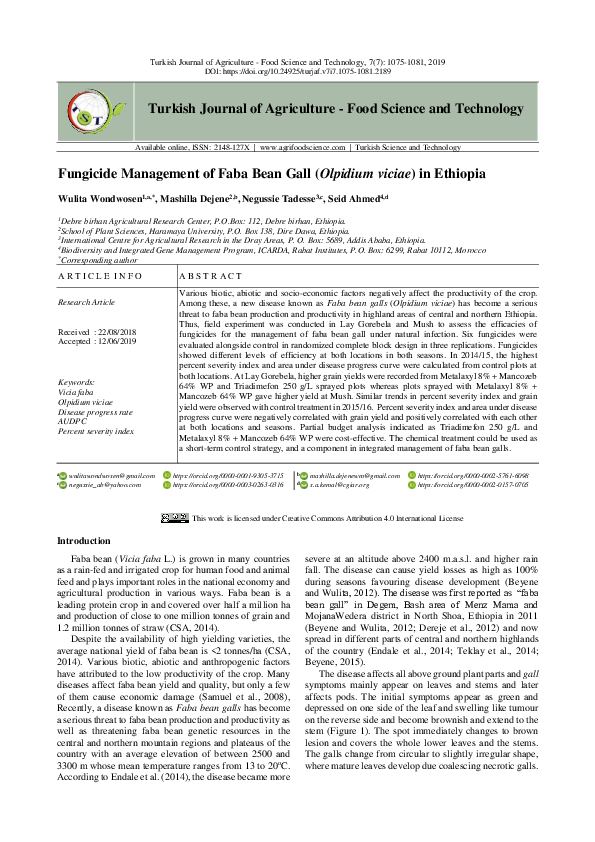 (PDF) Fungicide Management of Faba Bean Gall (Olpidium viciae) in Ethiopia