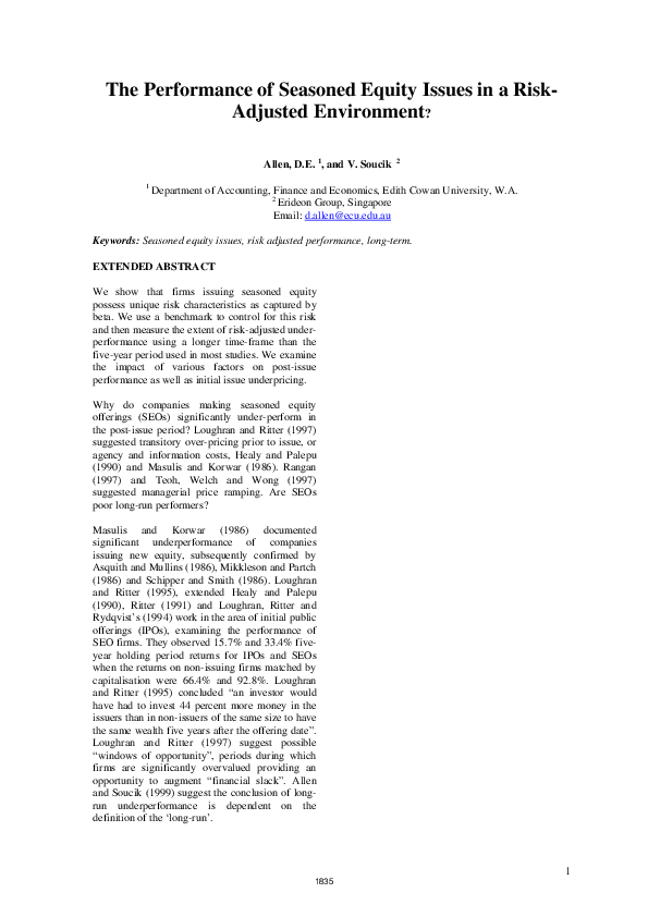 (PDF) The Performance of Seasoned Equity Issues in a Risk-Adjusted ...