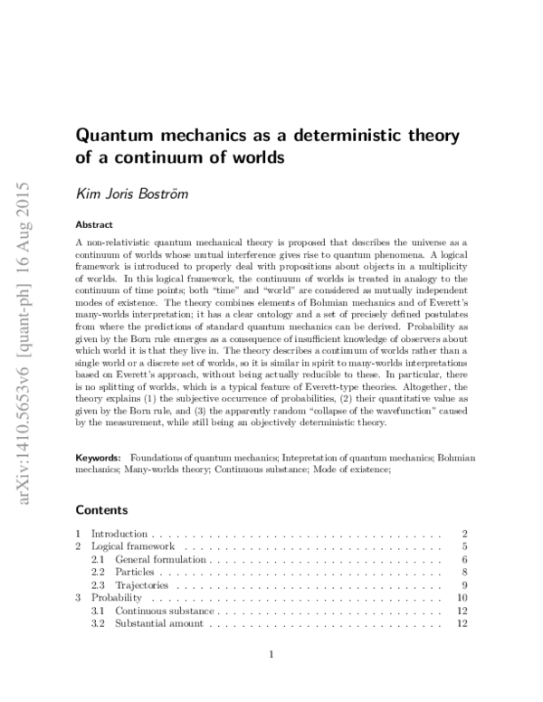 (PDF) Quantum mechanics as a deterministic theory of a continuum of worlds