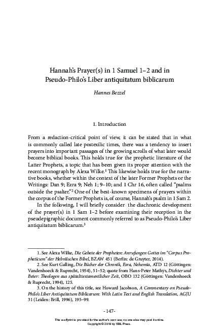 (PDF) Hannah's Prayer(s) in 1 Samuel 1-2 and in Pseudo-Philo's Liber ...