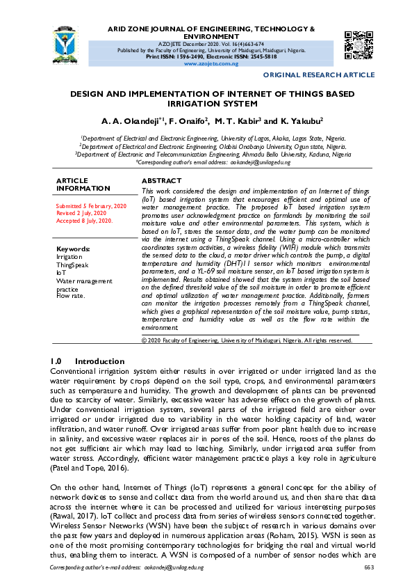 (PDF) Design and Implementation of Internet of Things Based Irrigation System