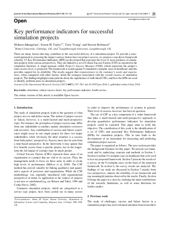 (PDF) Key performance indicators for successful simulation projects