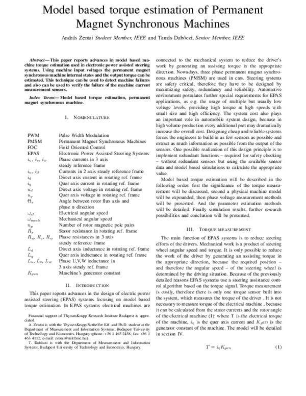 (PDF) Model based torque estimation of Permanent Magnet Synchronous Machines