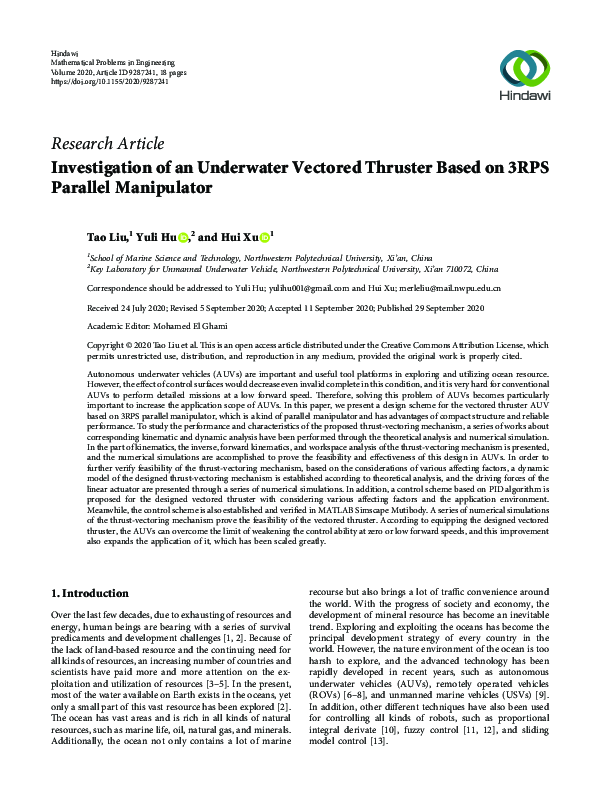 (PDF) Investigation of an Underwater Vectored Thruster Based on 3RPS ...
