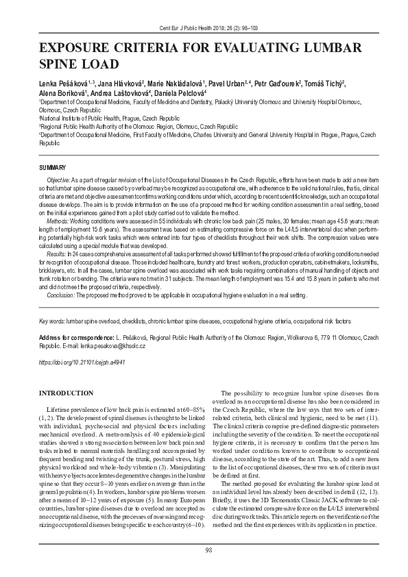 Pdf Exposure Criteria For Evaluating Lumbar Spine Load