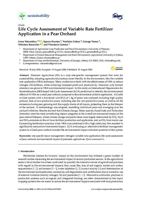 Pdf Life Cycle Assessment Of Variable Rate Fertilizer Application In A Pear Orchard